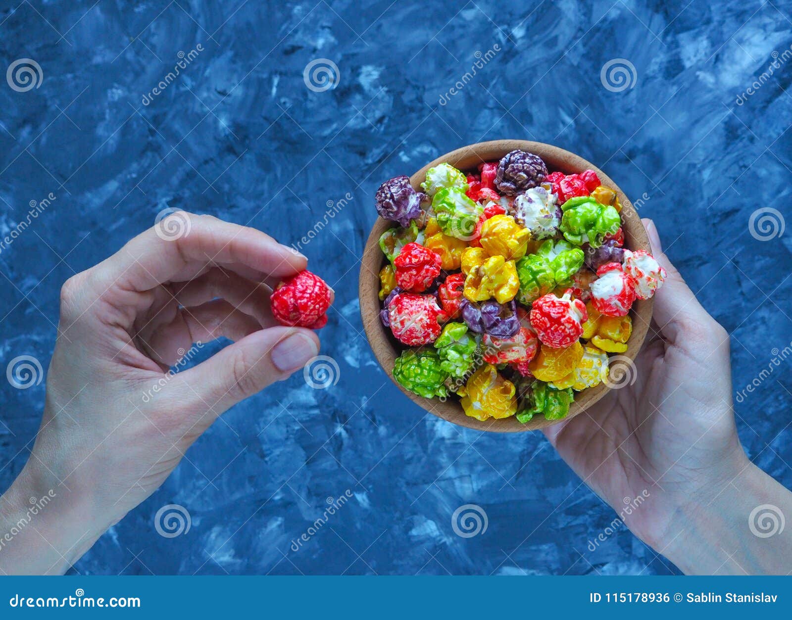 Multi-colored Popcorn on a Dark Blue Background. the View from the Top ...