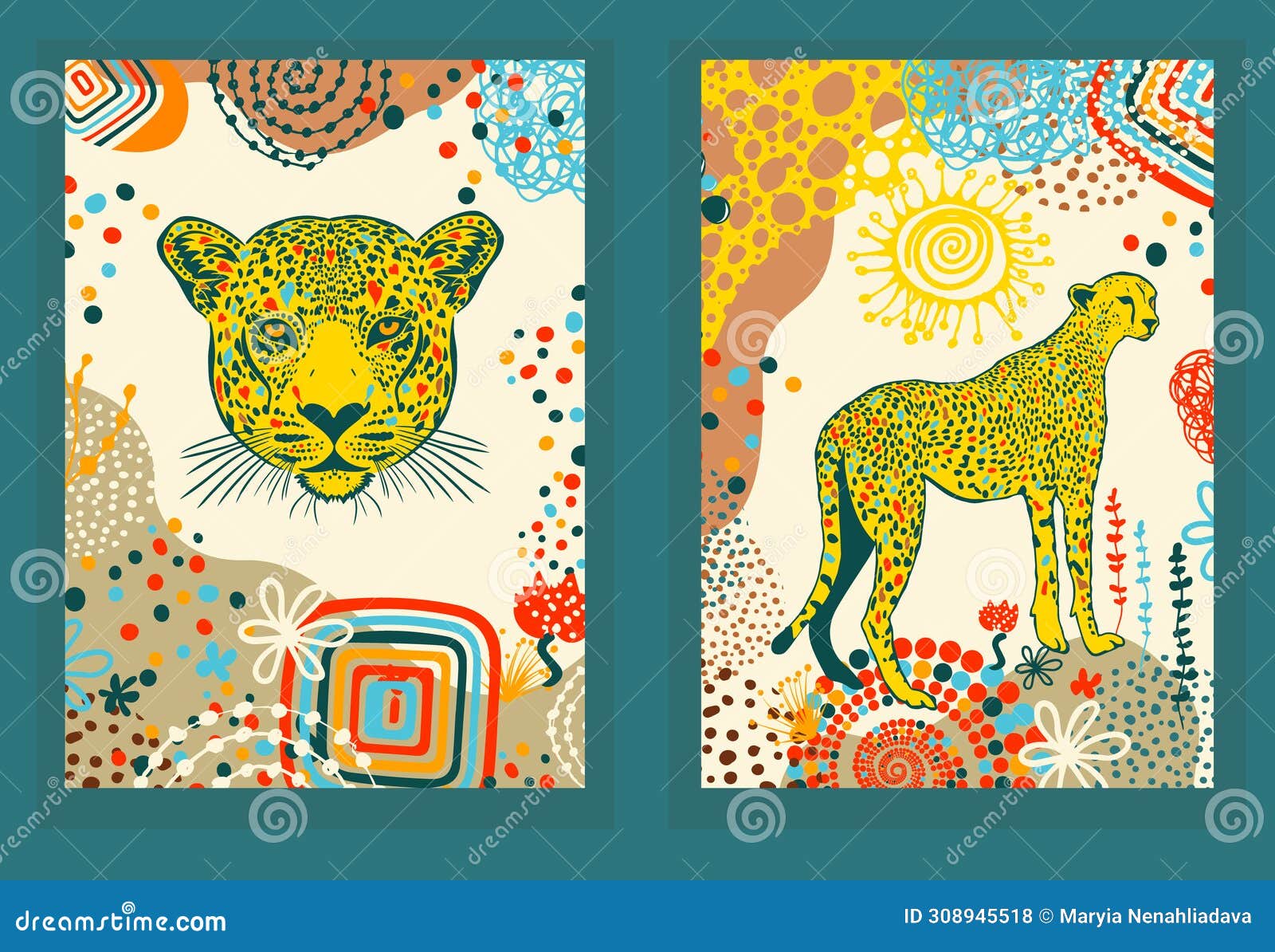 Colored Posters with a Cheetah. Hand Drawing. Not AI, Vector ...