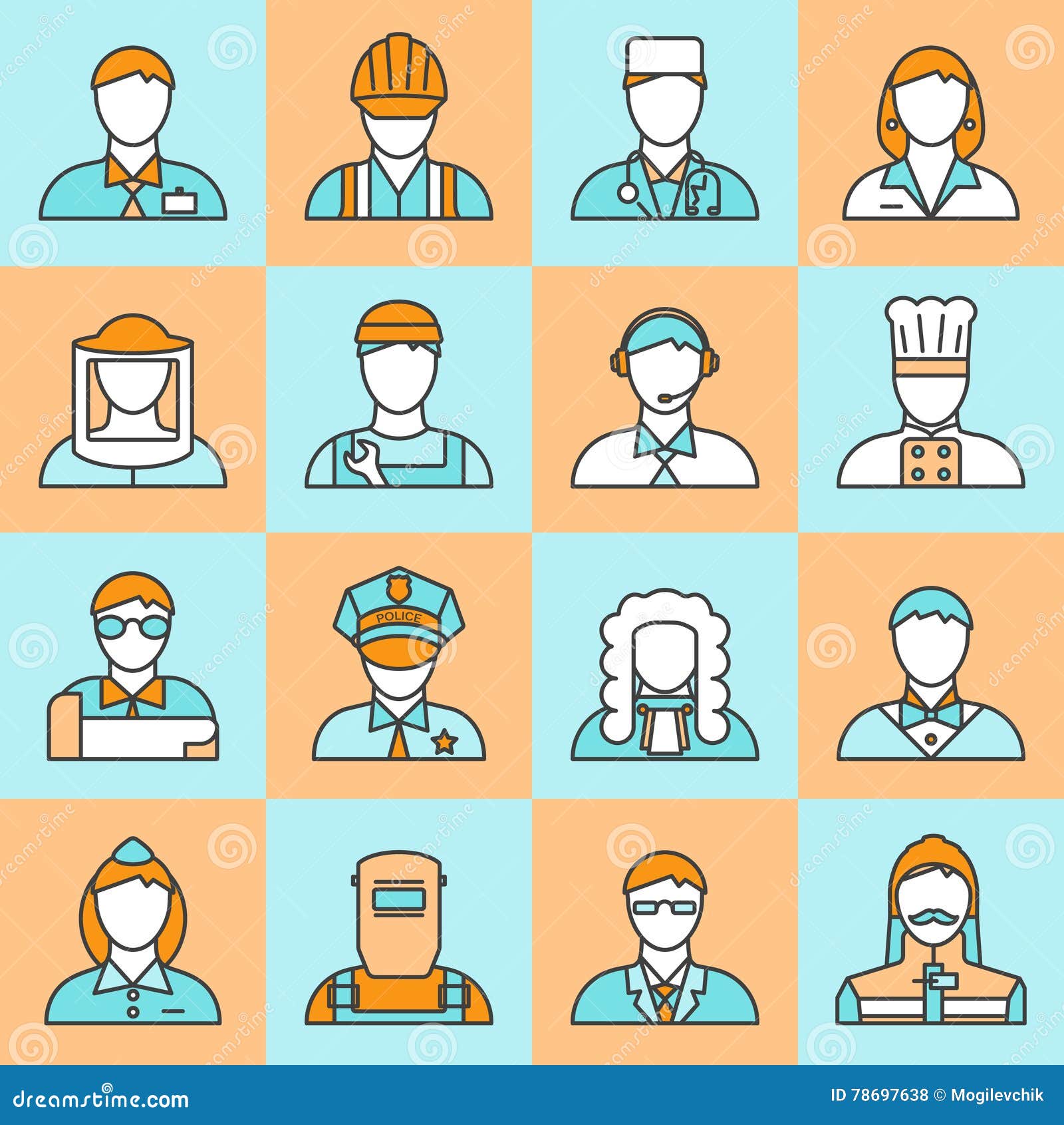 Colored Professions Avatars Line Icon Set Stock Vector - Illustration ...