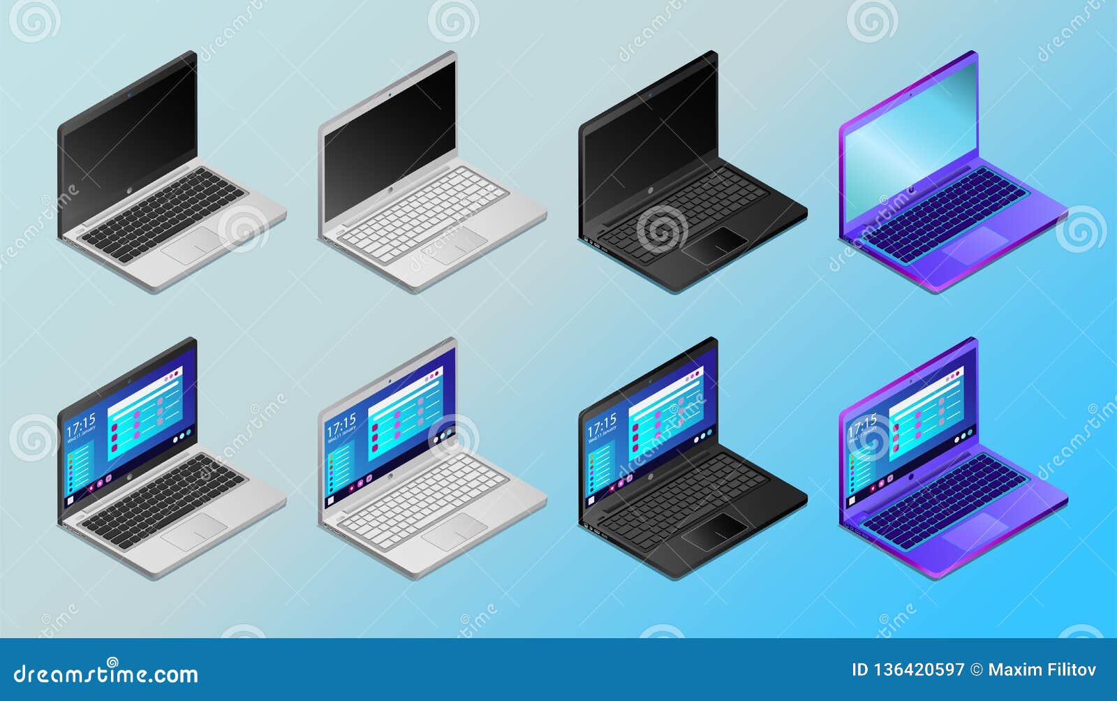 Colored Realistic Laptops in Isometry Vector Illustration Stock Vector ...