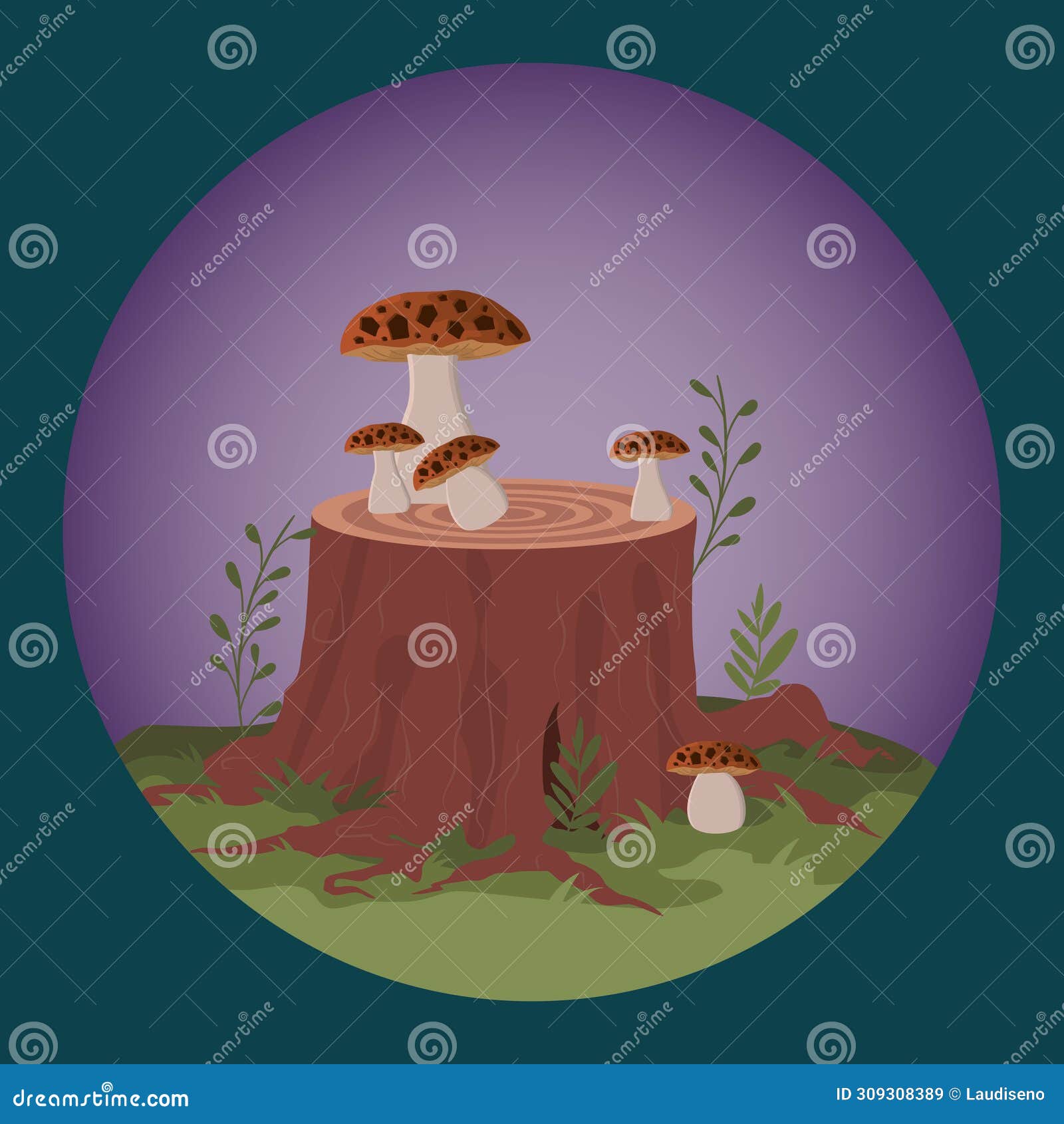 Colored Realistic Mushroom on Log Vector Stock Illustration ...