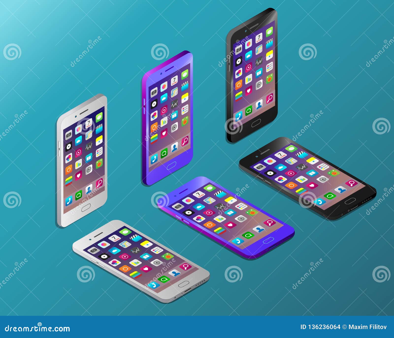 Colored Realistic Smartphones with Working Screens in Isometry Stock ...