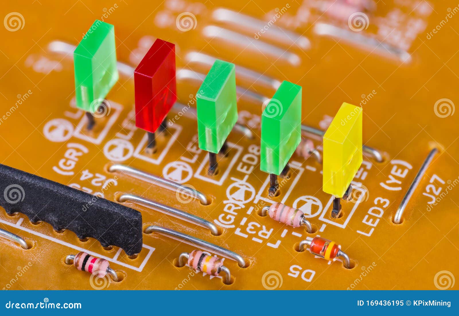 Colored Rectangular Light-emitting Diodes in Row on Printed Circuit ... Colored Rectangular Light-emitting Diodes in Row on Printed Circuit ...