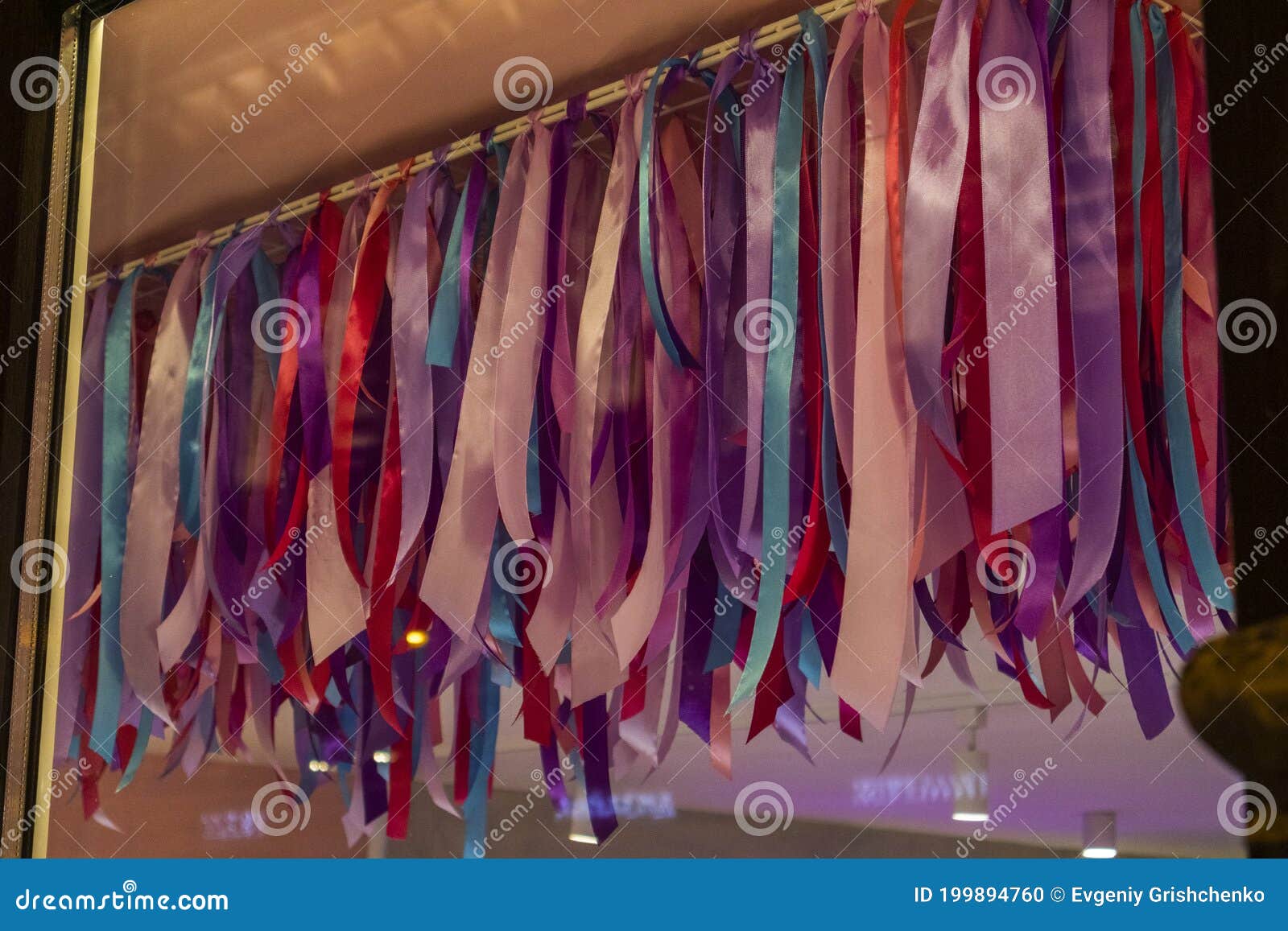 Colored Ribbons on the Ceiling of the Party Birthday Celebration Stock ...