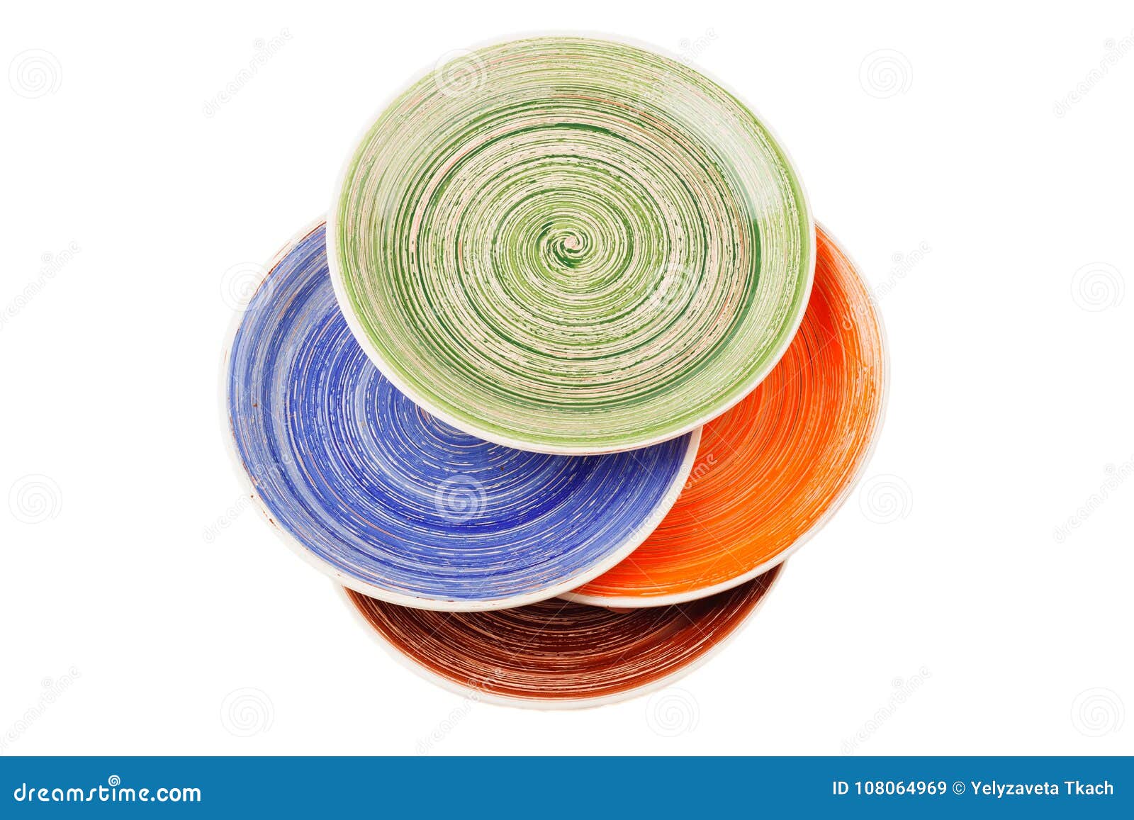 Colored Round Ceramic Plates with Spiral Pattern, Isolated on White ...