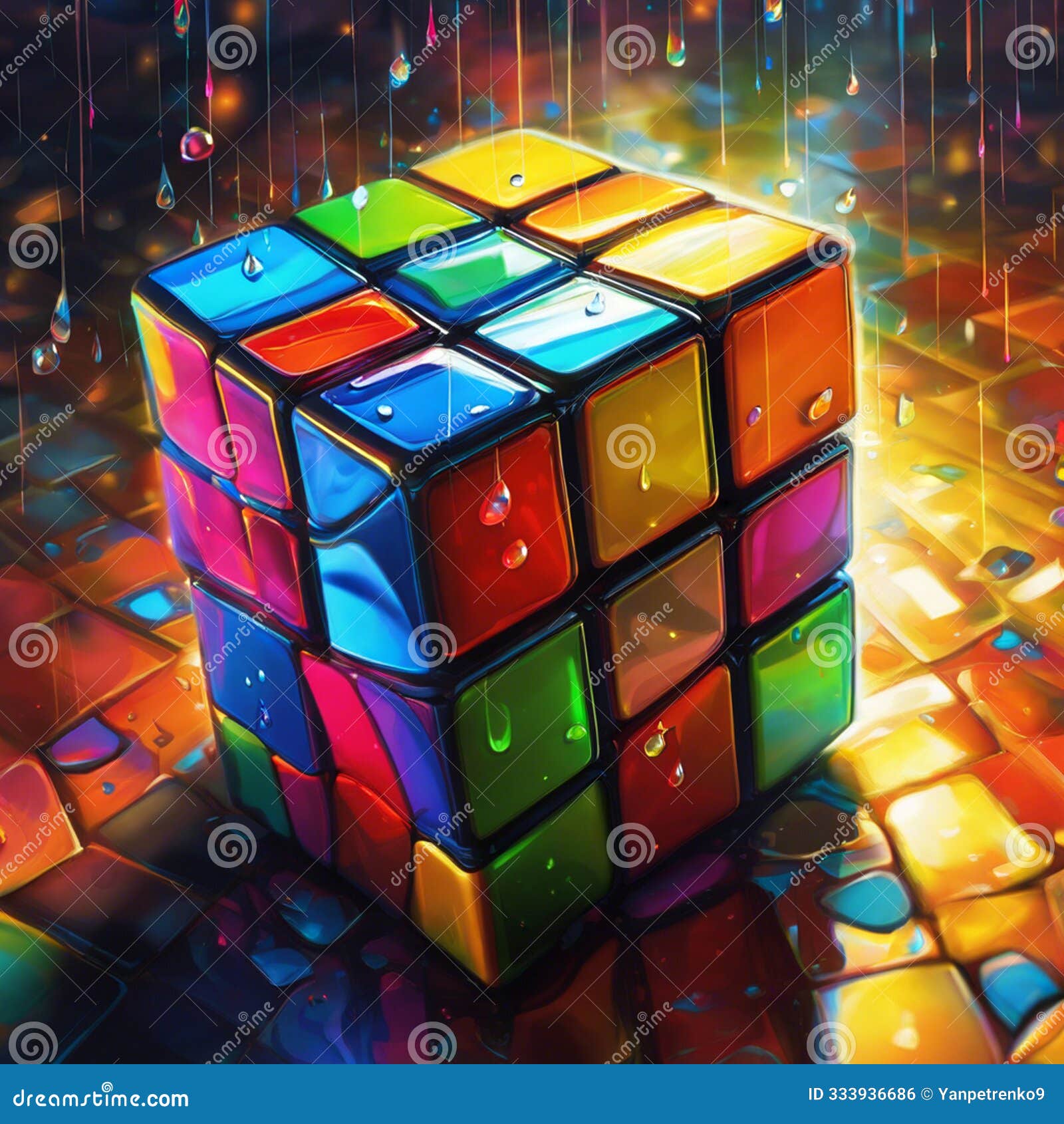 A Colored Rubiks Cube with Wet Drops that Reflect in Bright Light ...