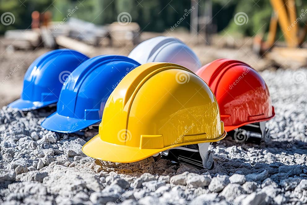 Colored Safety Helmets on Construction Site Symbolize Commitment To ...