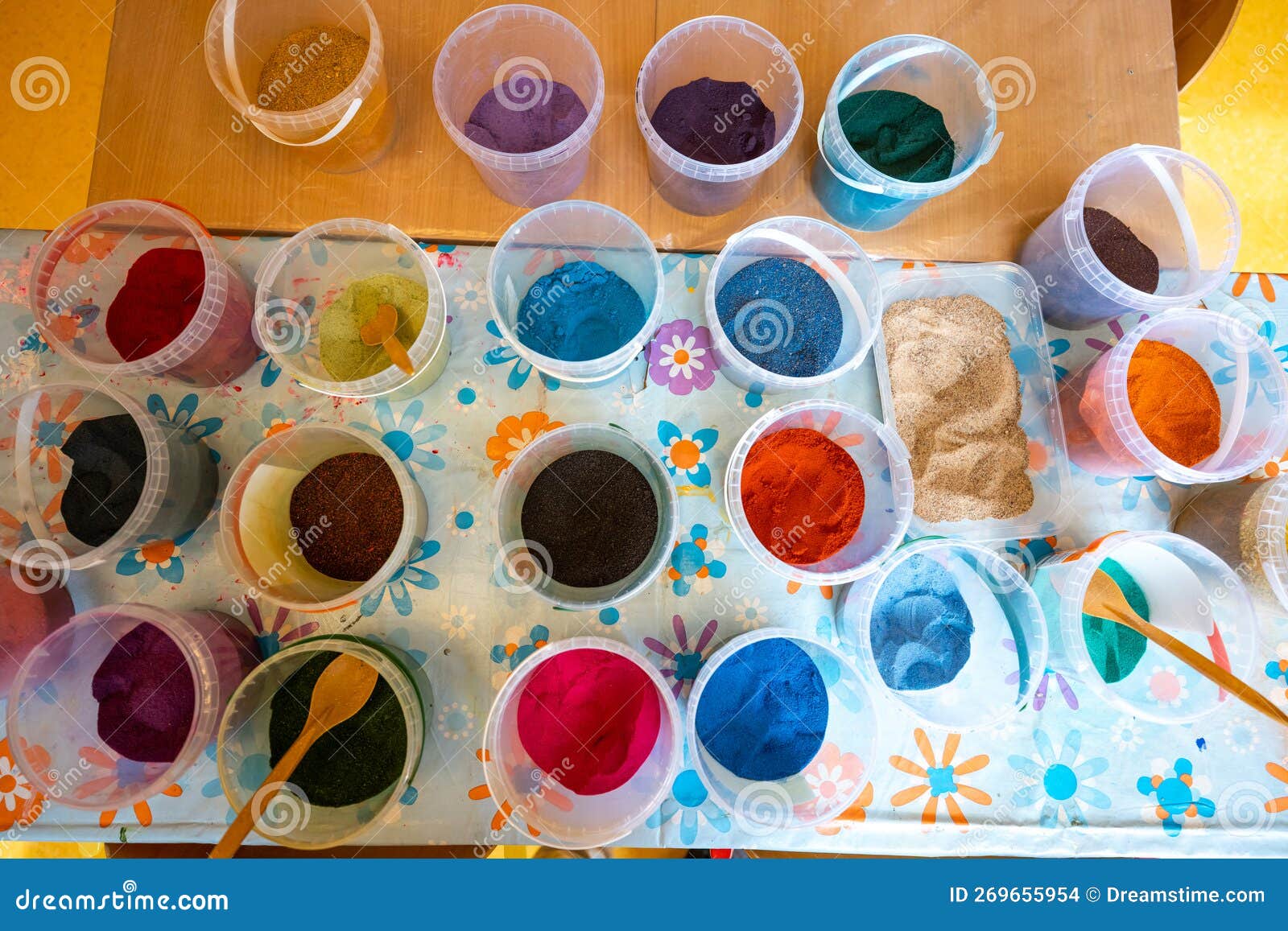 Colored Sand in Plastic Containers, Perfect for Art and Crafts Stock ...