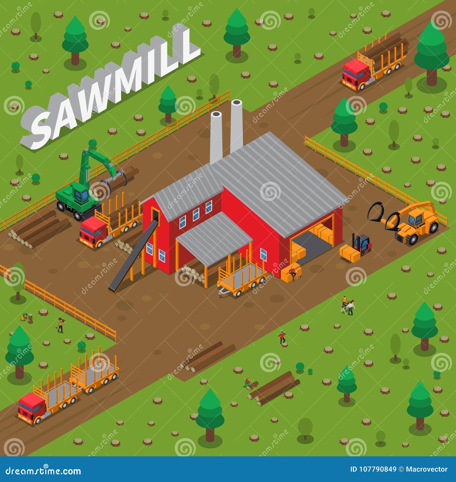 Timber Mill Lumberjack Isometric Composition Stock Vector ...