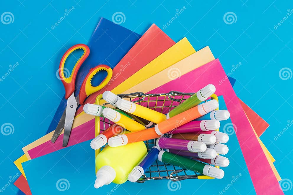 Colored Scissors, Markers and Paper on the Table. Stock Photo - Image ...