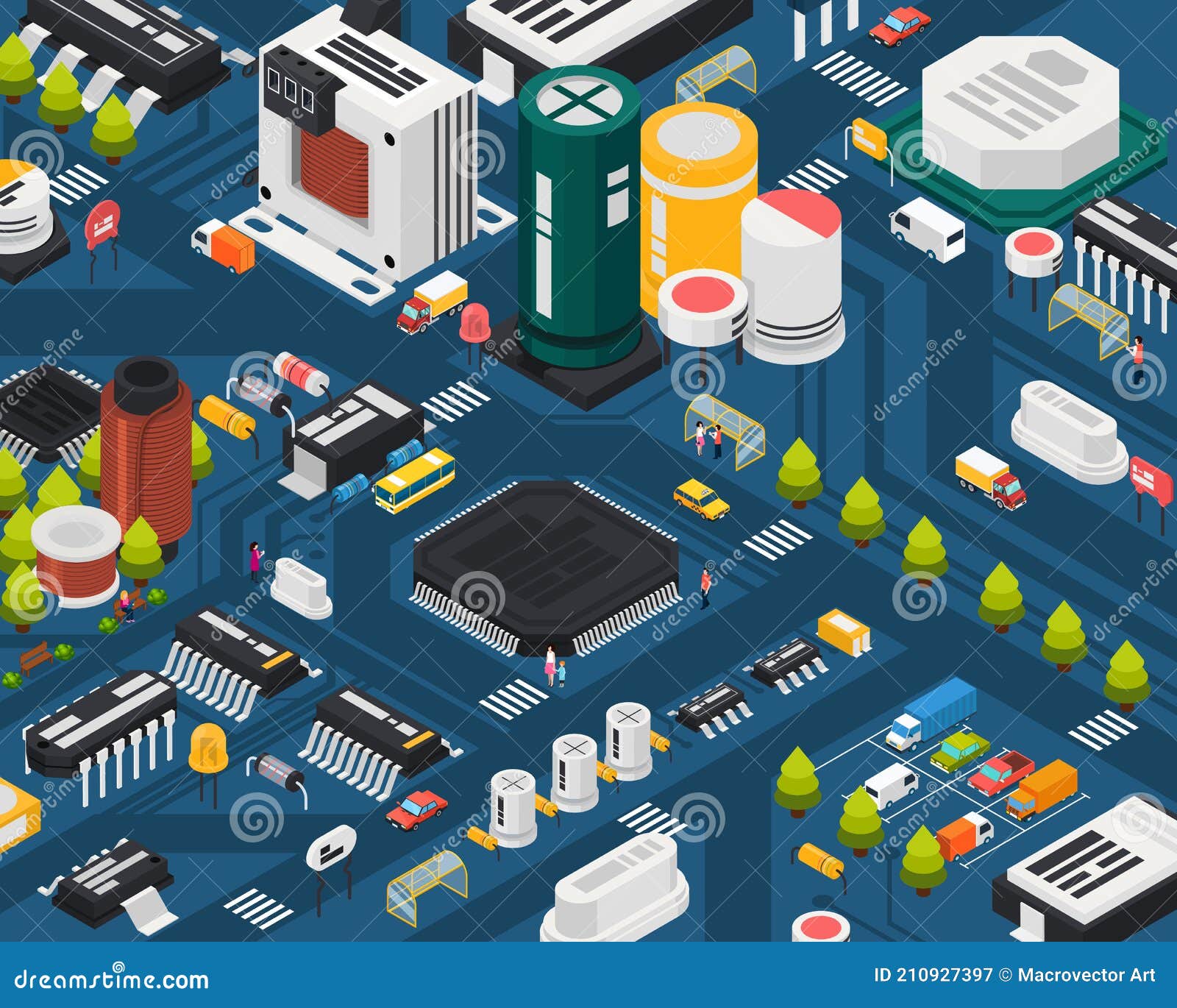 Colored Semiconductor Electronic Components Isometric City Concept with ...