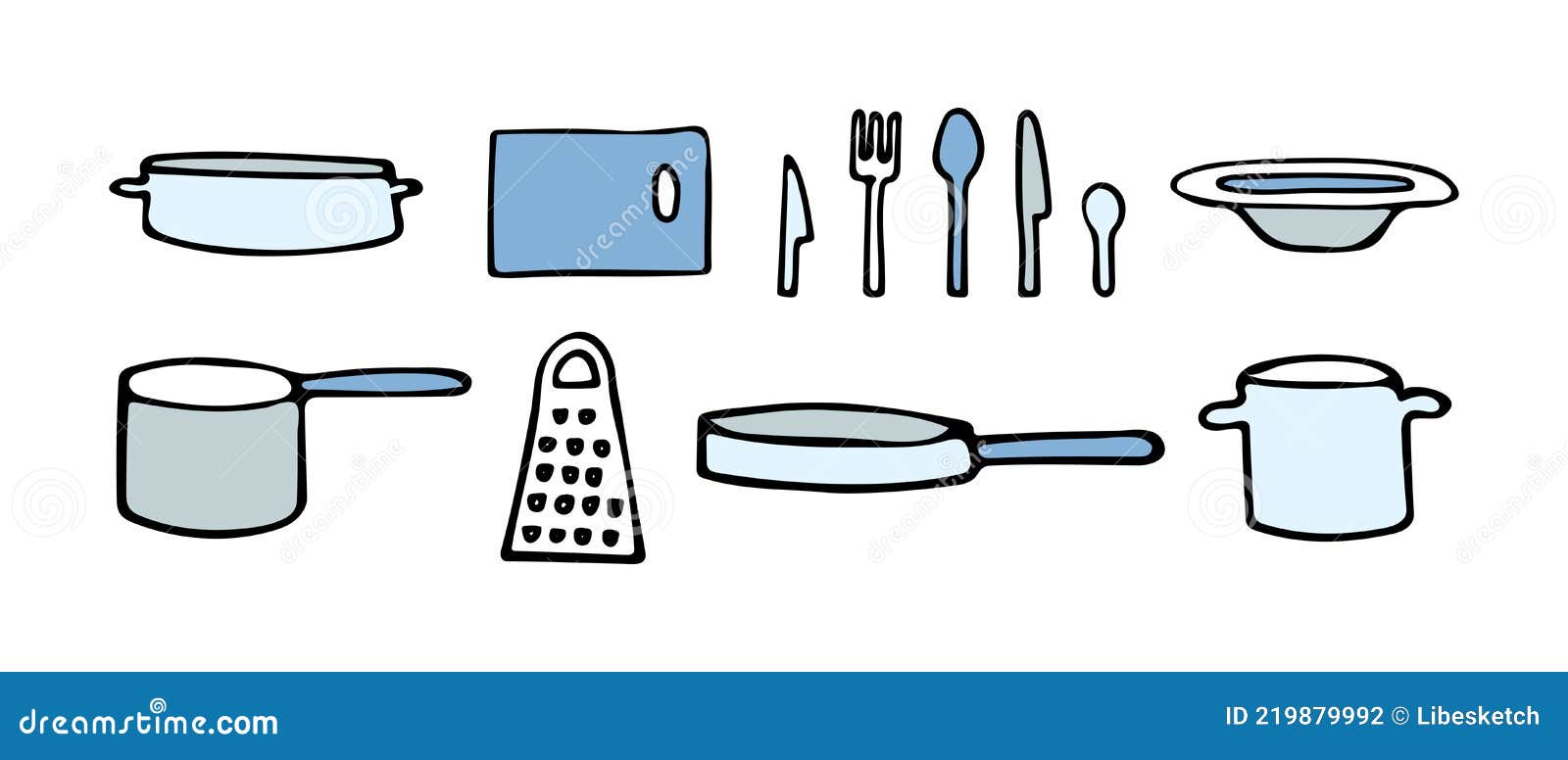 Colored Set Of Vector Illustrations Of Plates And Mugs Knives And Spoons Forks And Cutting