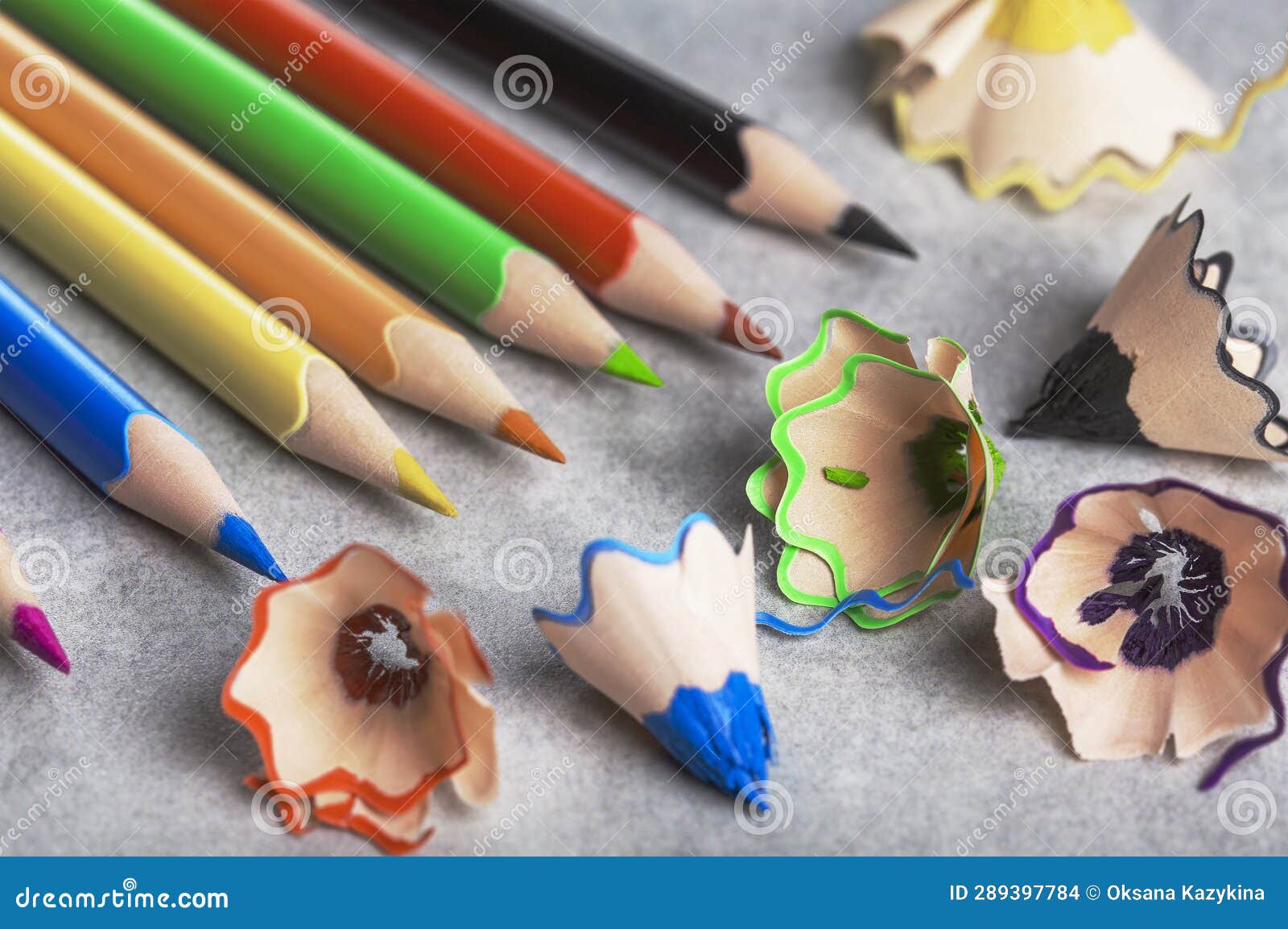 Colored Sharp Pencils and Colored Pencil Shavings. Stock Photo - Image ...