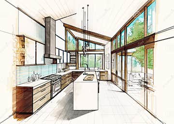 Colored Sketch Drawing of a Modern Modern Kitchen, Architectural Design ...