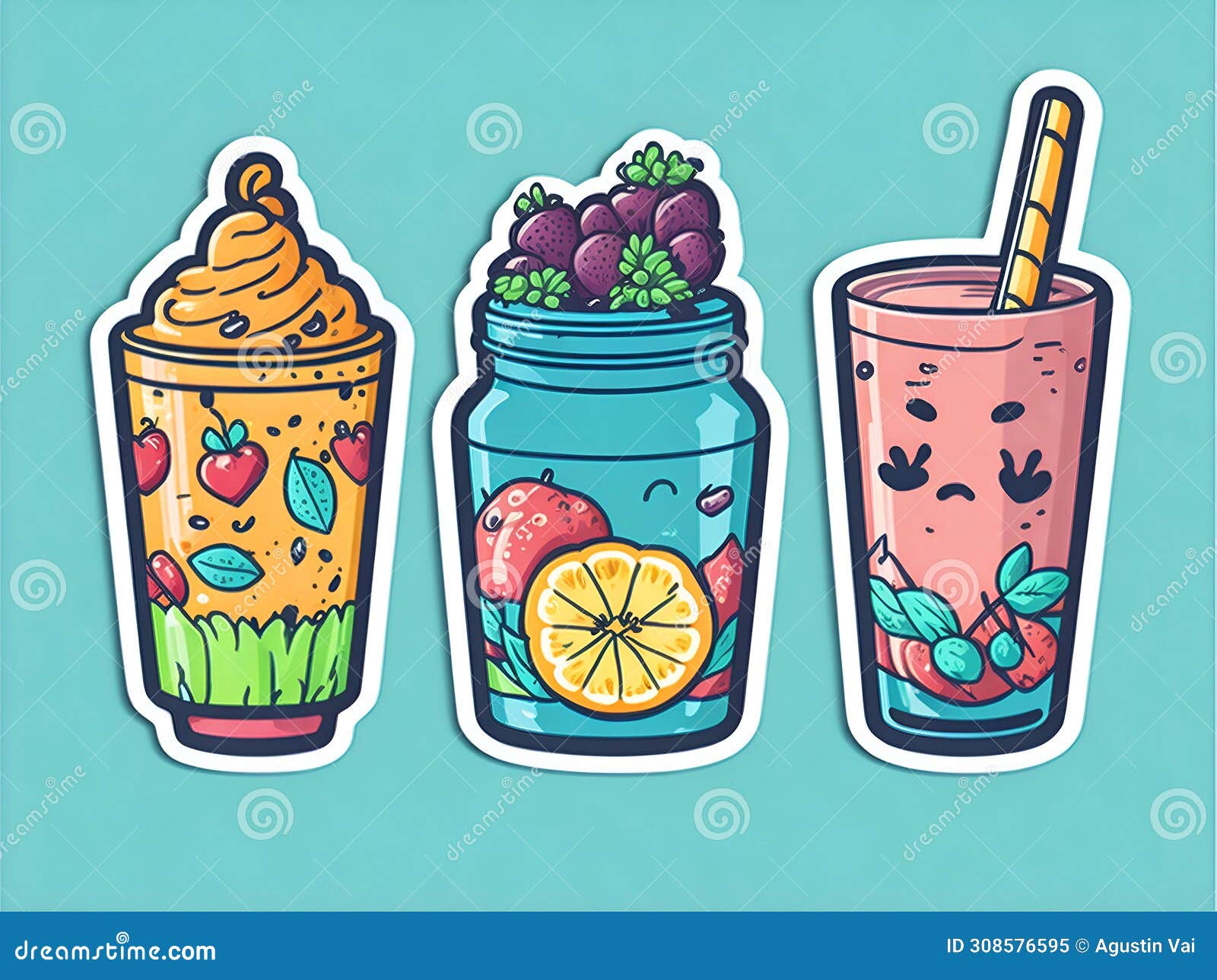 Colored Smoothie Glasses with Face Shape on a Light Blue Background ...