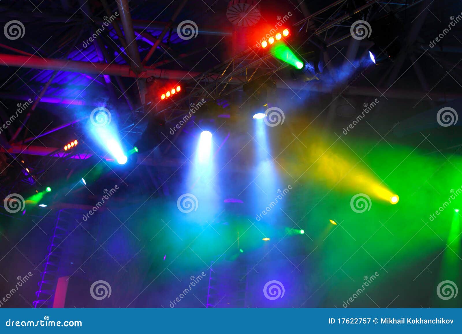 Colored Spotlights on Ceiling in Smoke Stock Image - Image of ...