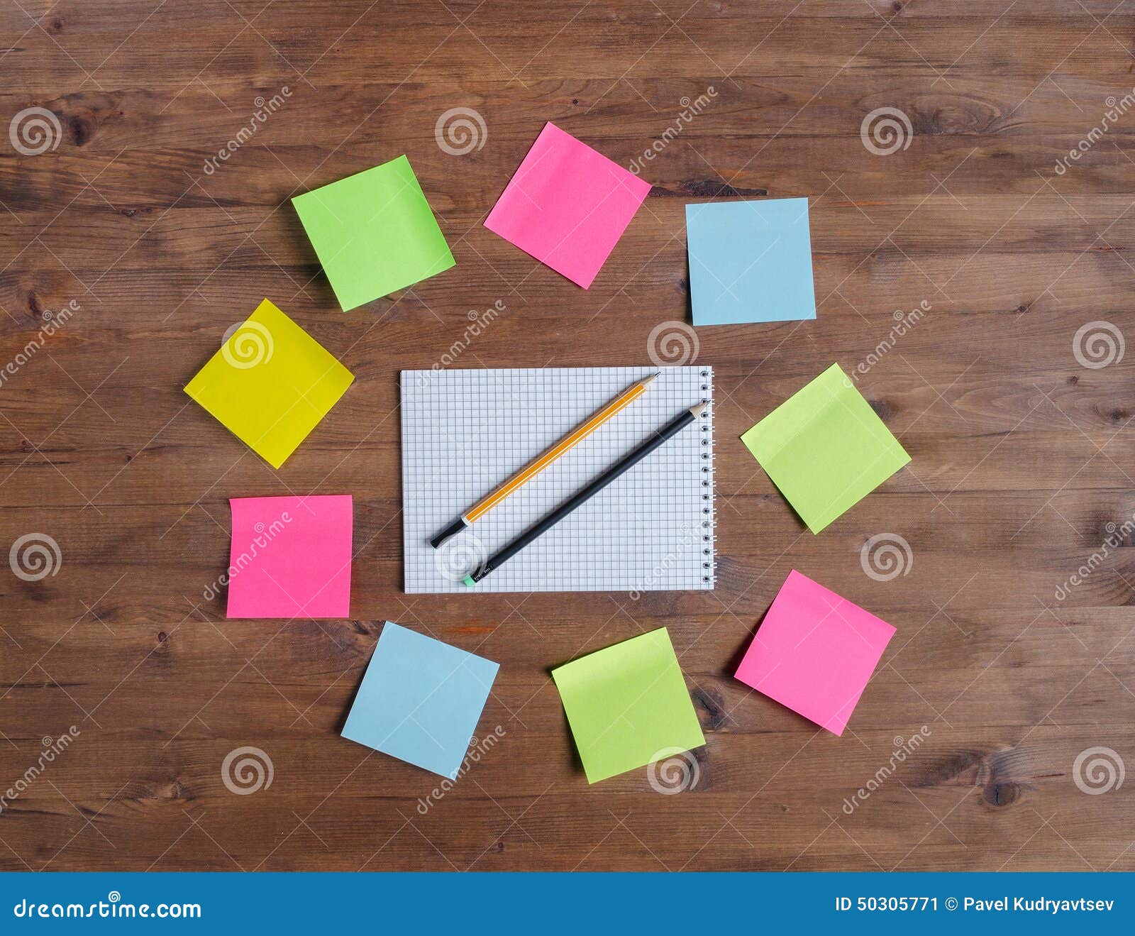 Colored Stickers Around Notebook on Table Stock Image - Image of group ...