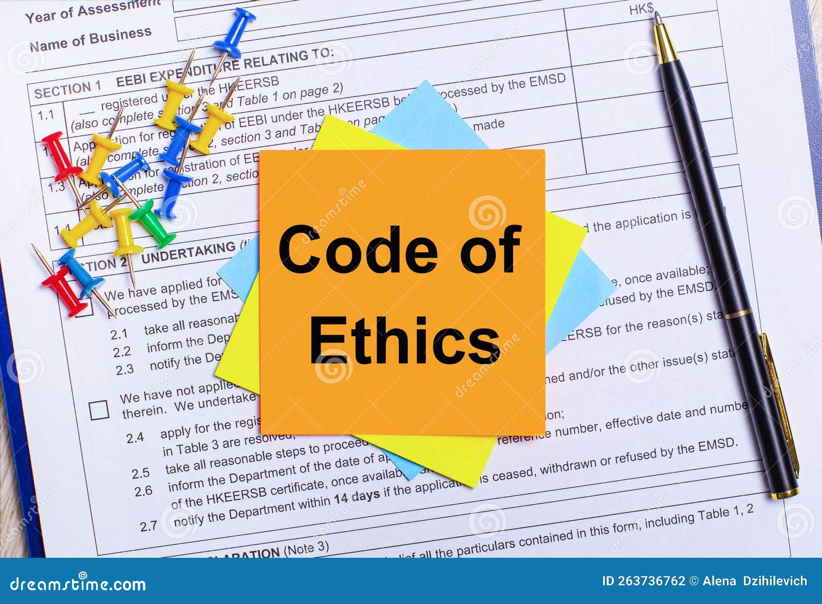 Colored Stickers with the Text CODE of ETHICS, Colorful Paper Fasteners ...