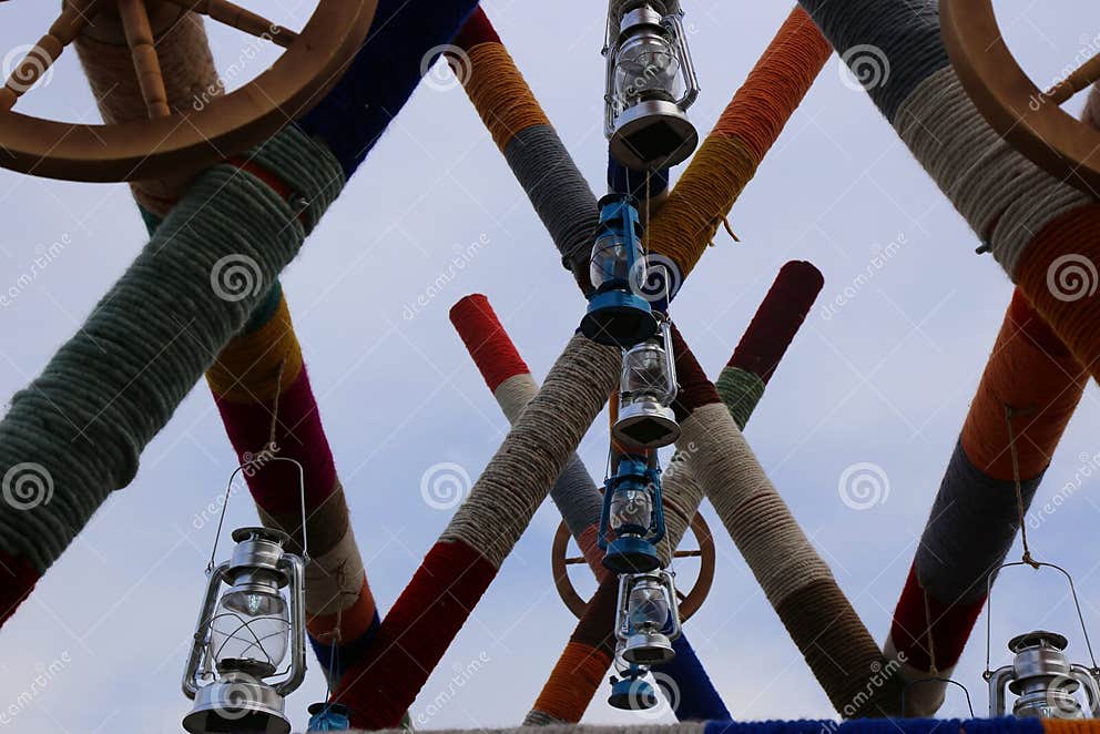 Colored String on Beams and Retro Lanterns Stock Image - Image of ...