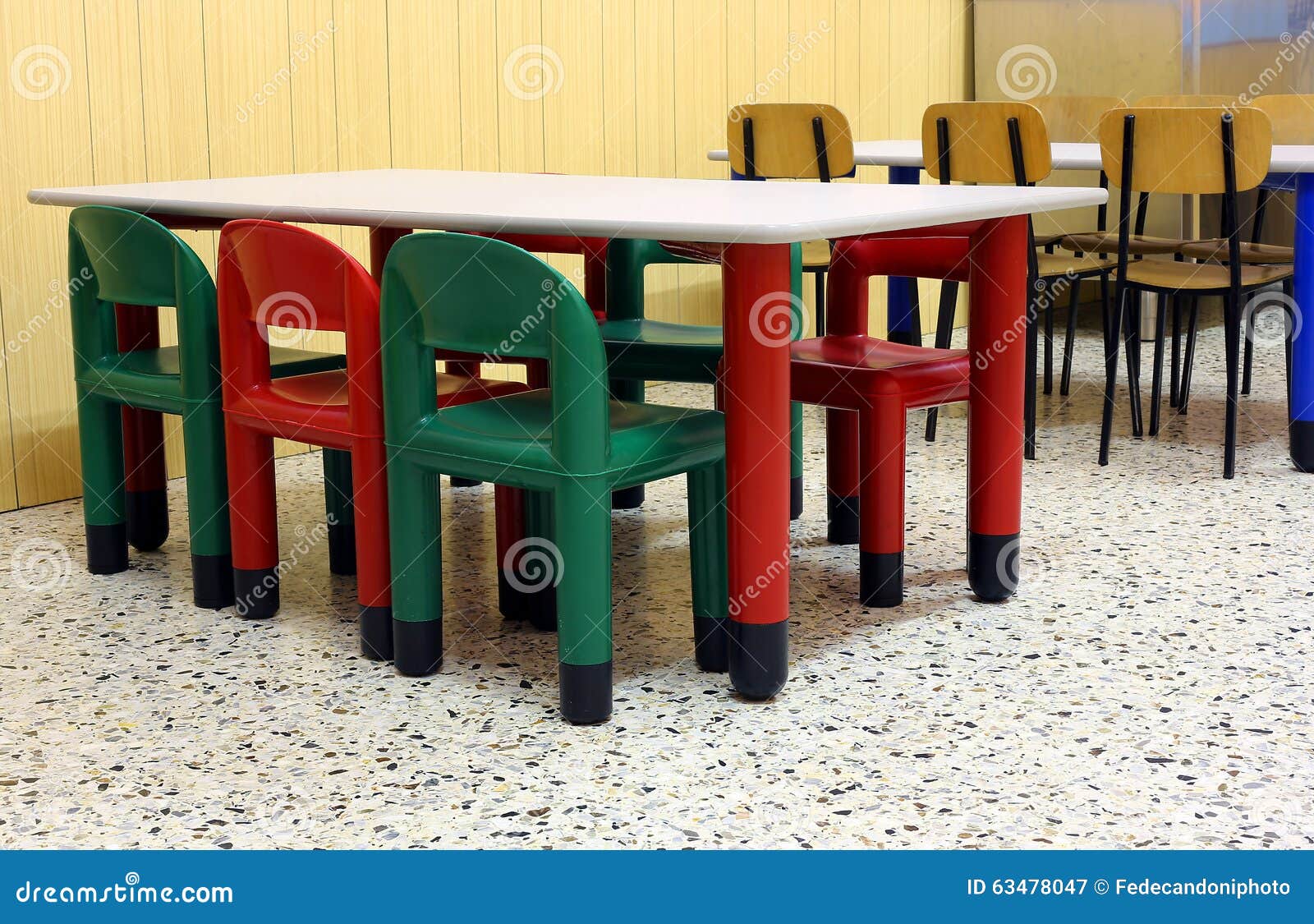 Colored Tables and Chairs in the Dining Room of the Kindergarten Stock ...