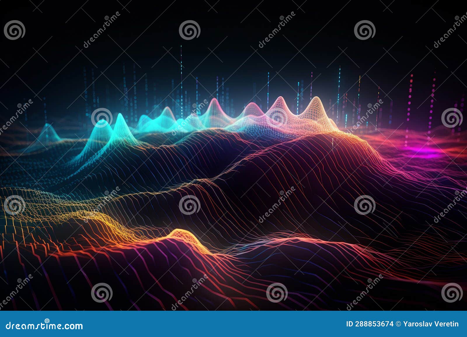 Colored Tech Landscape with Binary Dots on Waves Stock Illustration - Illustration of computing ...