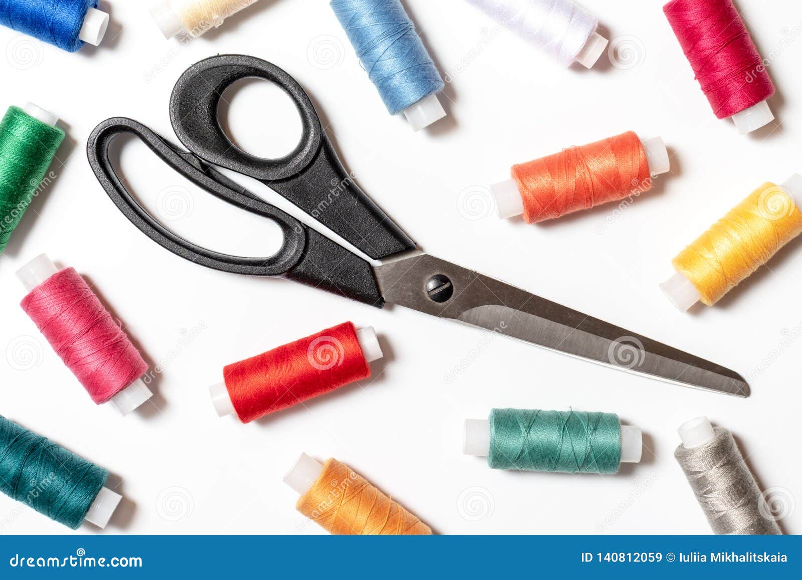 Colored Thread Coils and Scissors on White Background, Sewing, Handmade ...