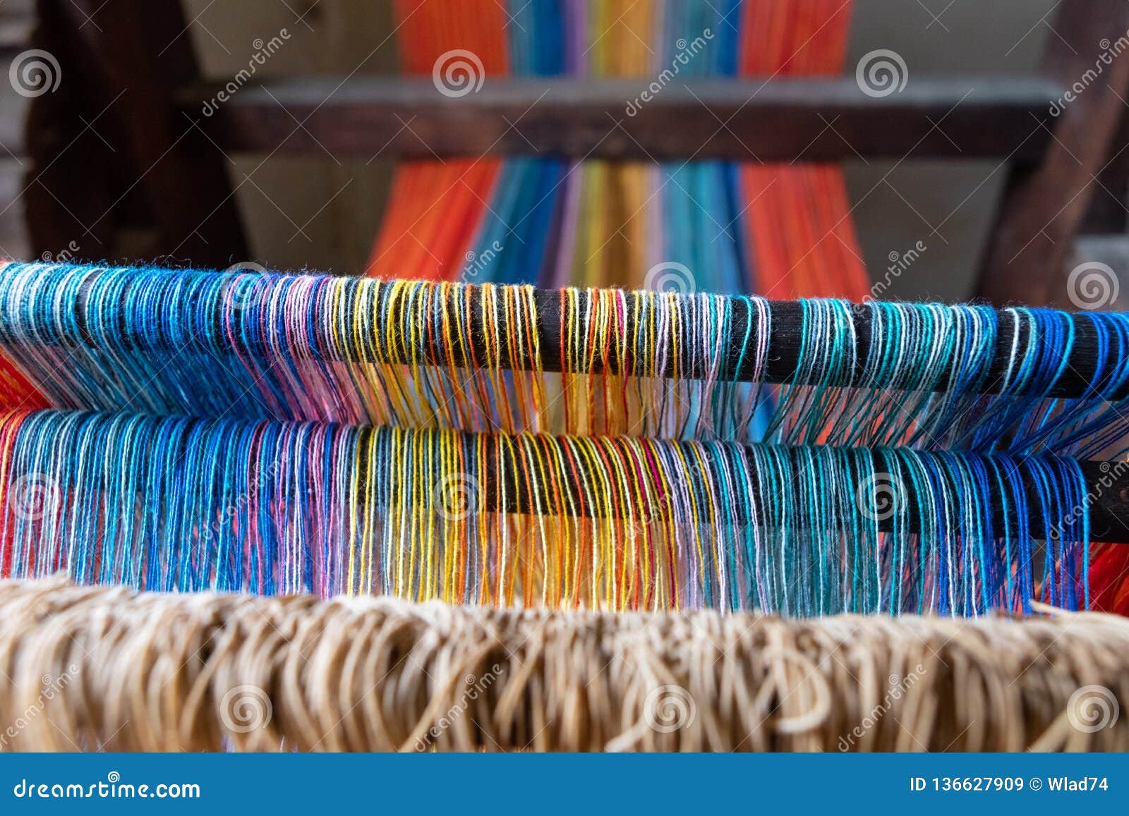 Colored Threads of an Ancient Wooden Loom Stock Image - Image of hued ...