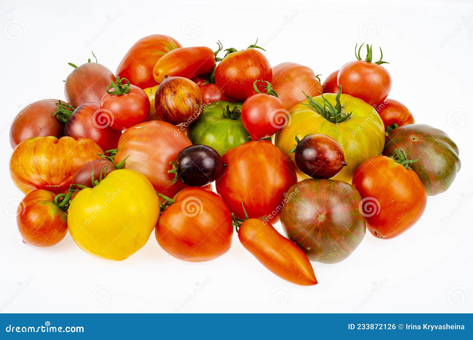 Colored Tomatoes of Different Varieties on White Background. Studio ...