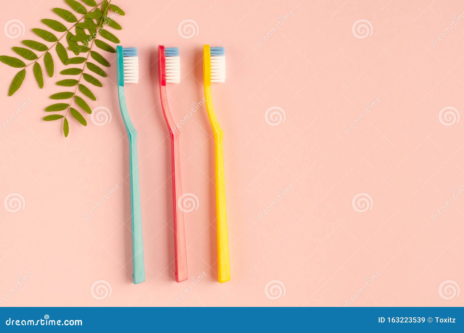 Colored Toothbrushes Composition on Pink Background. Flat Lay Stock ...