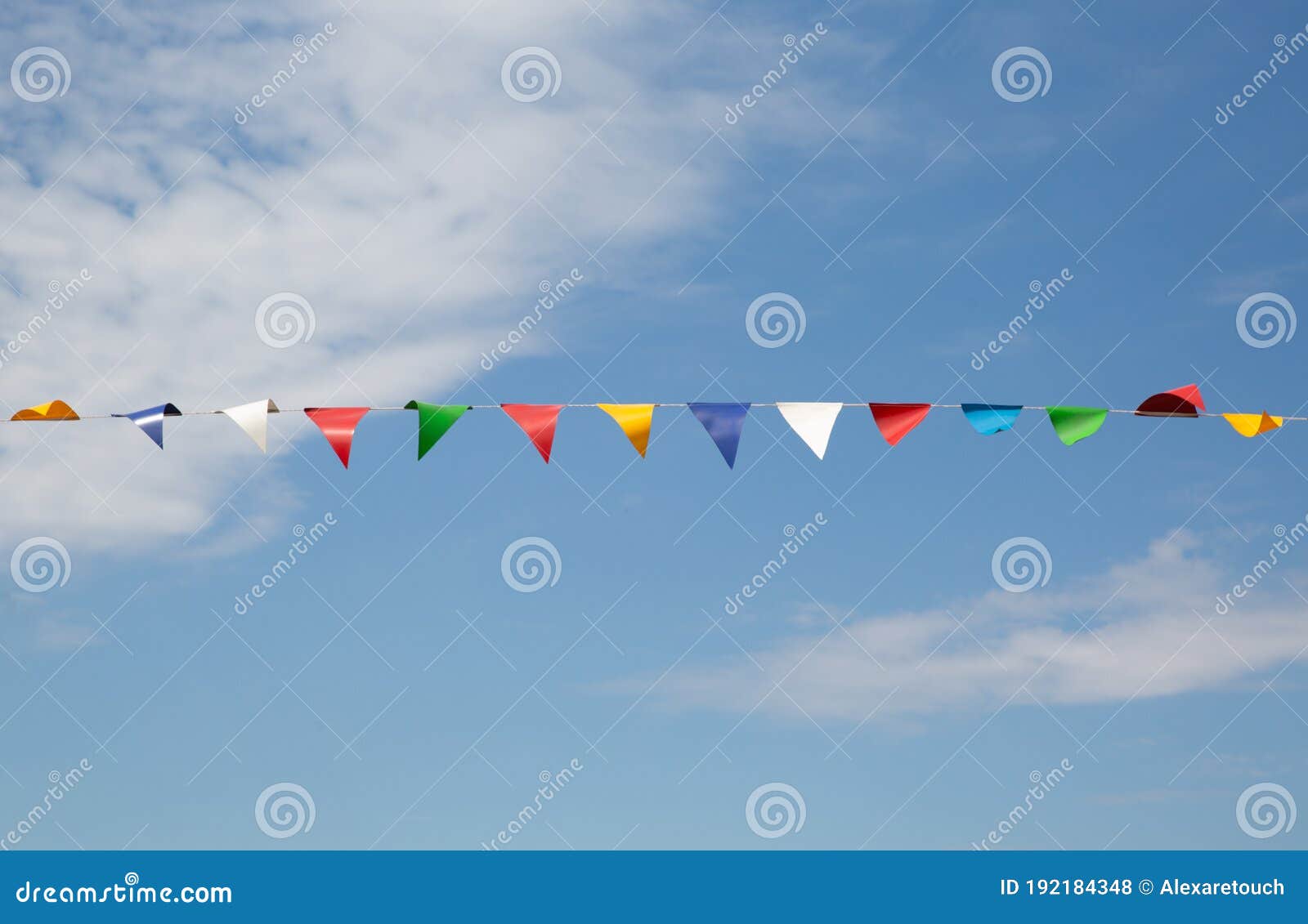Colored Triangular Flags On Blue Sky Background Stock Photo - Image of ...