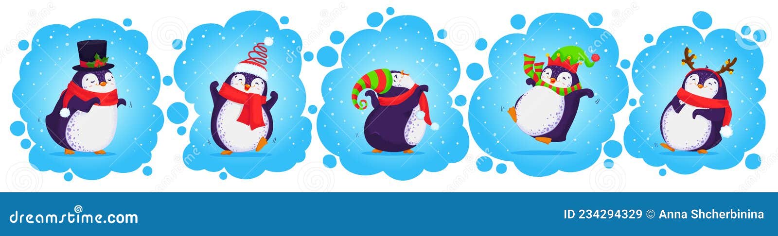 Banner Made with Set of Christmas Hand Drawn Cute Penguins. Stock ...