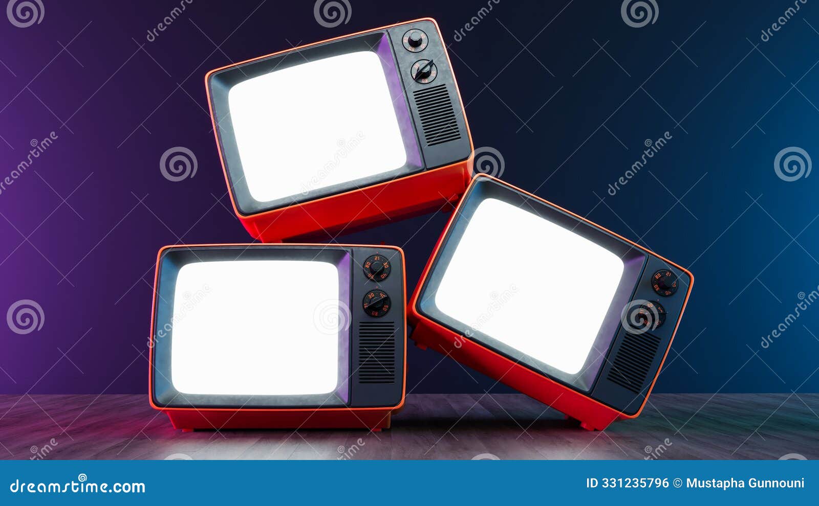 Colored Vintage Television Stack on Colored Blue Wall Background. Stock ...