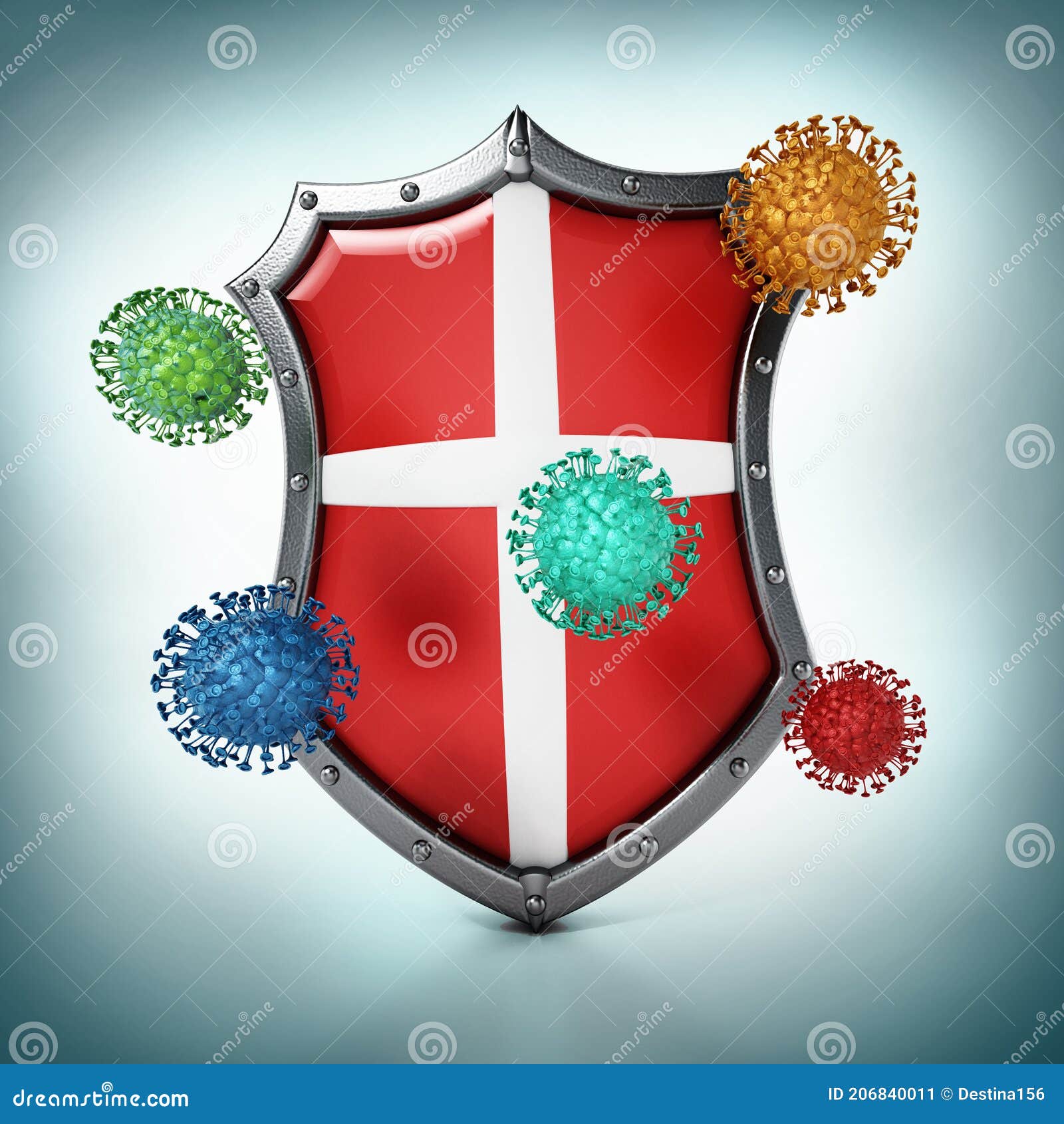 Colored Viruses and Shield Isolated on Green Background. 3D ...