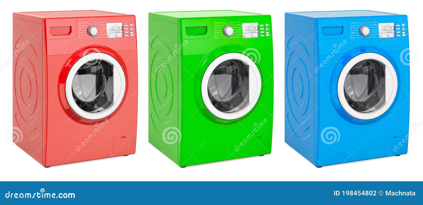 Colored Washing Machines, Side View. 3D Rendering Stock Illustration ...