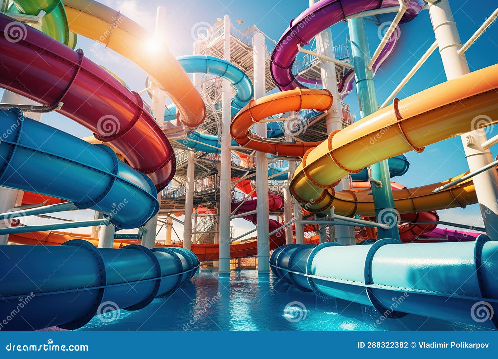 Colored Water Park Slides without People Stock Photo - Image of flight ...