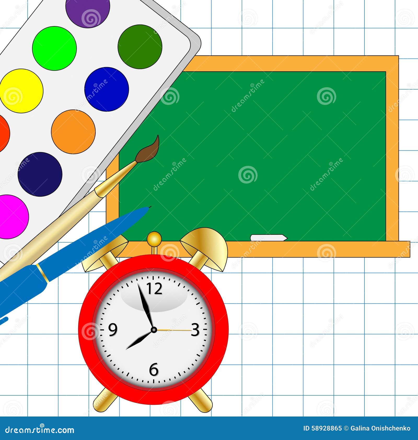 Colored Watercolor,alarm Clock and Blackboard Stock Illustration ...