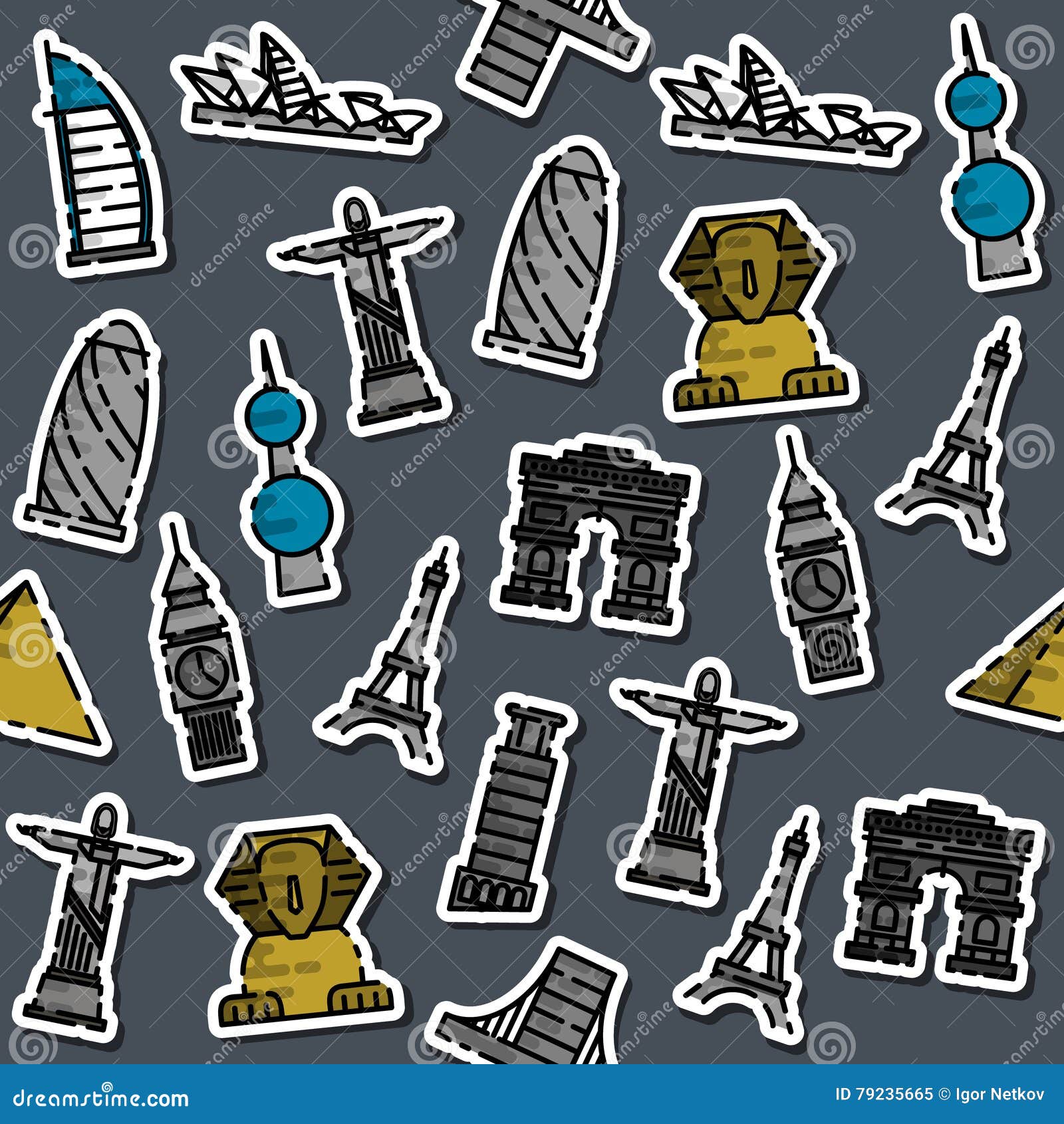 Colored World Landmarks Pattern Cartoon Vector | CartoonDealer.com ...