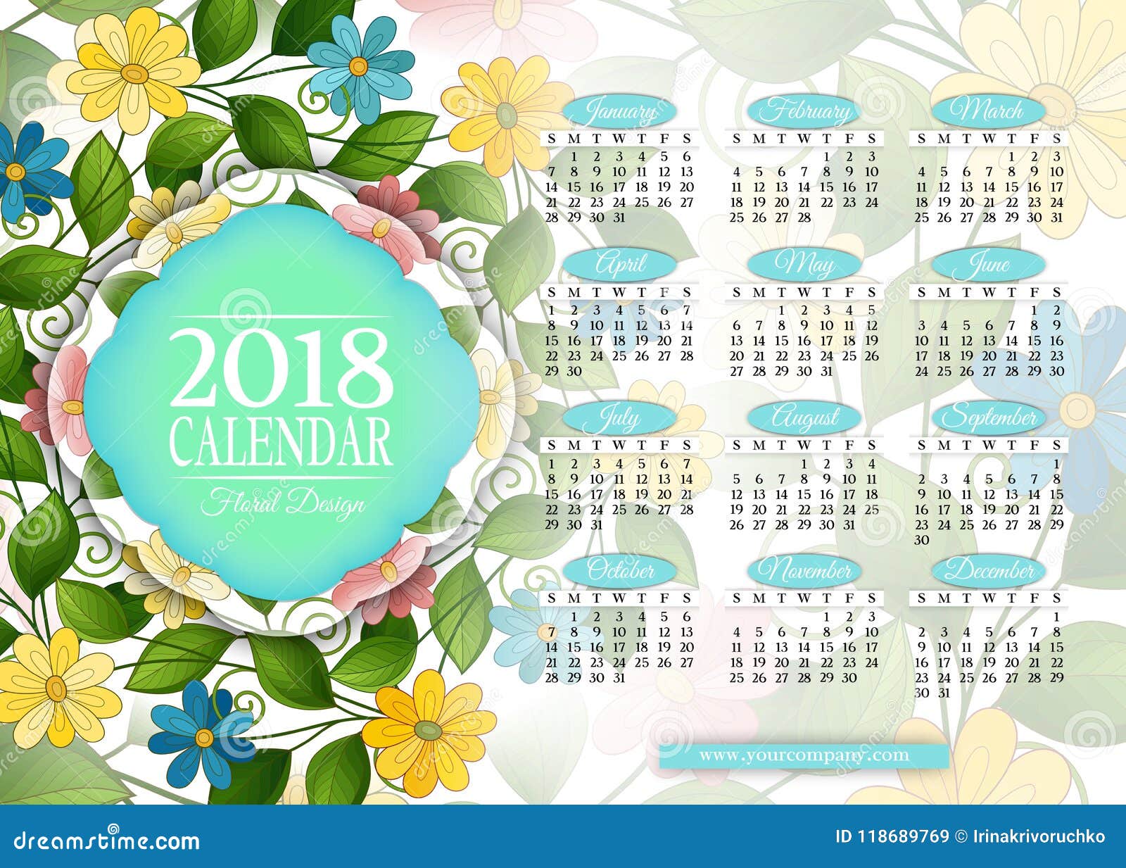 Colored 2018 Year Calendar Rectangular Template Stock Vector ...