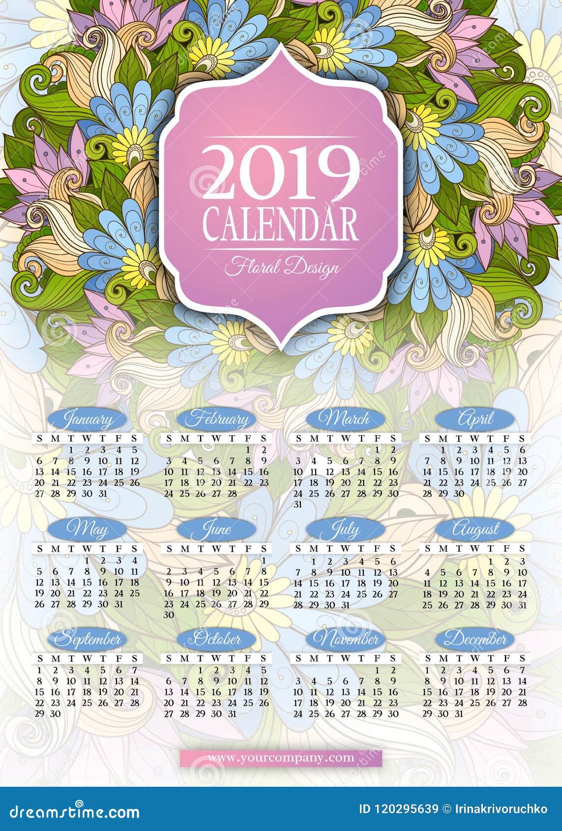 Colored 2019 Year Calendar Rectangular Template Stock Vector ...