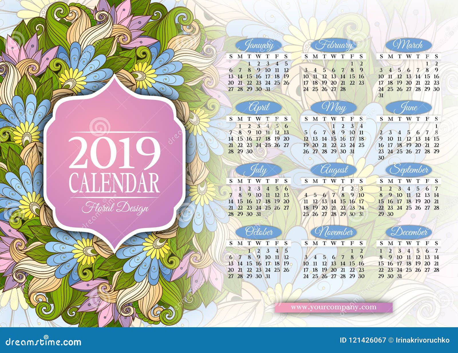 Colored 2019 Year Calendar Rectangular Template Stock Vector ...