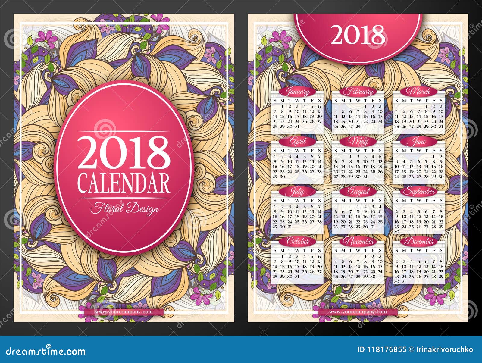 Colored 2018 Year Calendar Rectangular Template, Double-sided Stock ...
