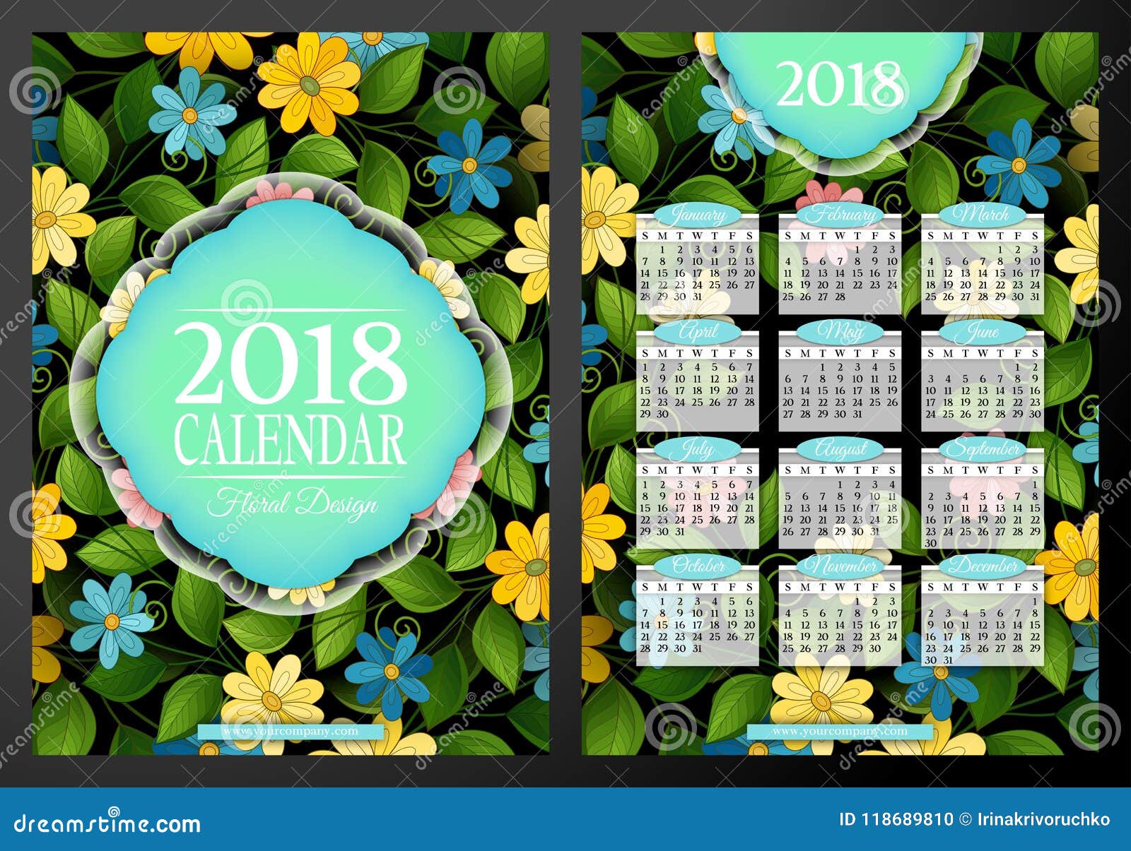 Colored 2018 Year Calendar Rectangular Template, Double-sided Stock ...