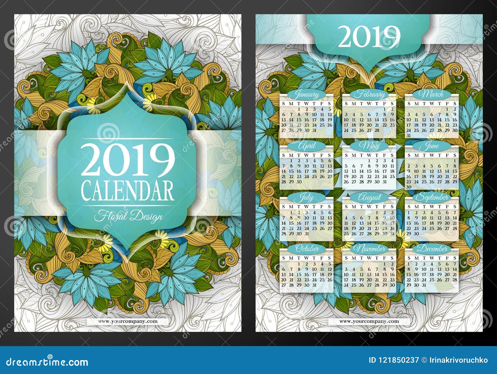 Colored 2019 Year Calendar Rectangular Template, Double-sided Stock ...