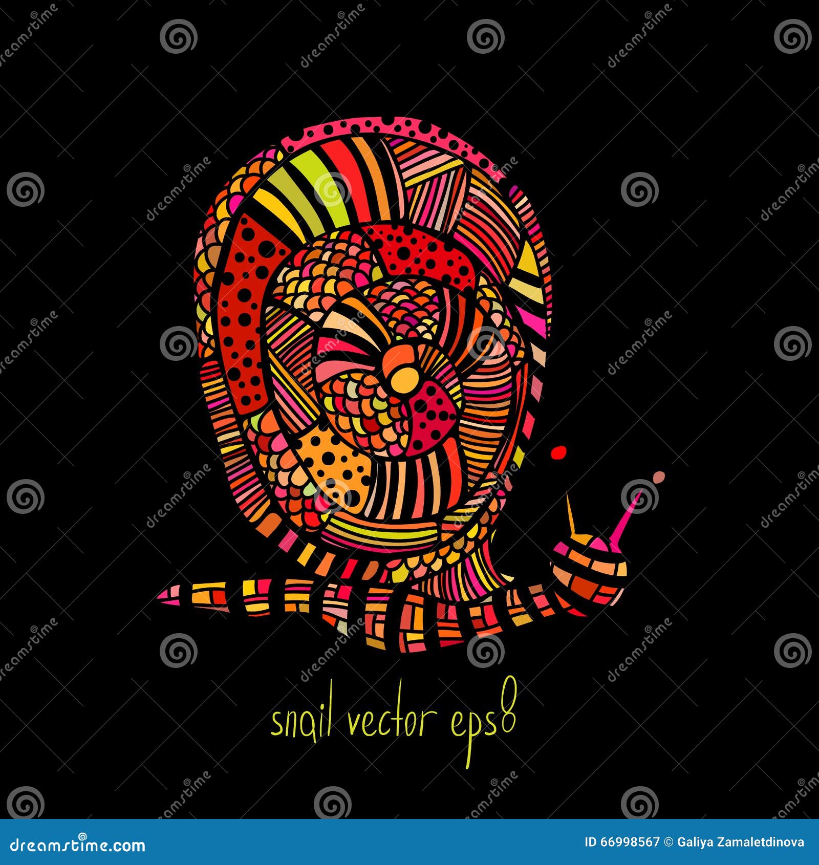 Colored Zentangle Snail on Black Background Stock Illustration ...