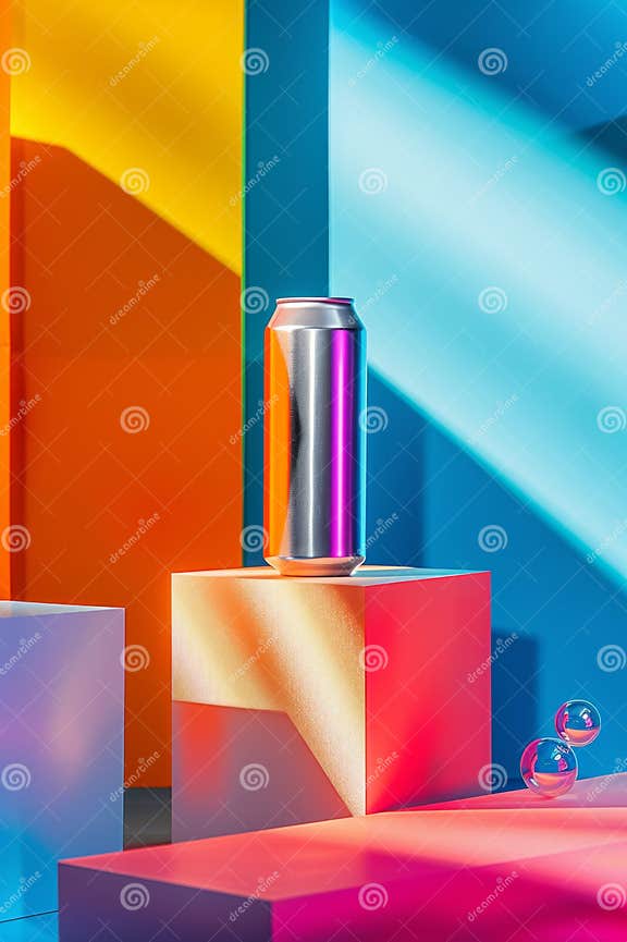 Colorful Abstract Beverage Can Display in Modern Geometric Setting ...