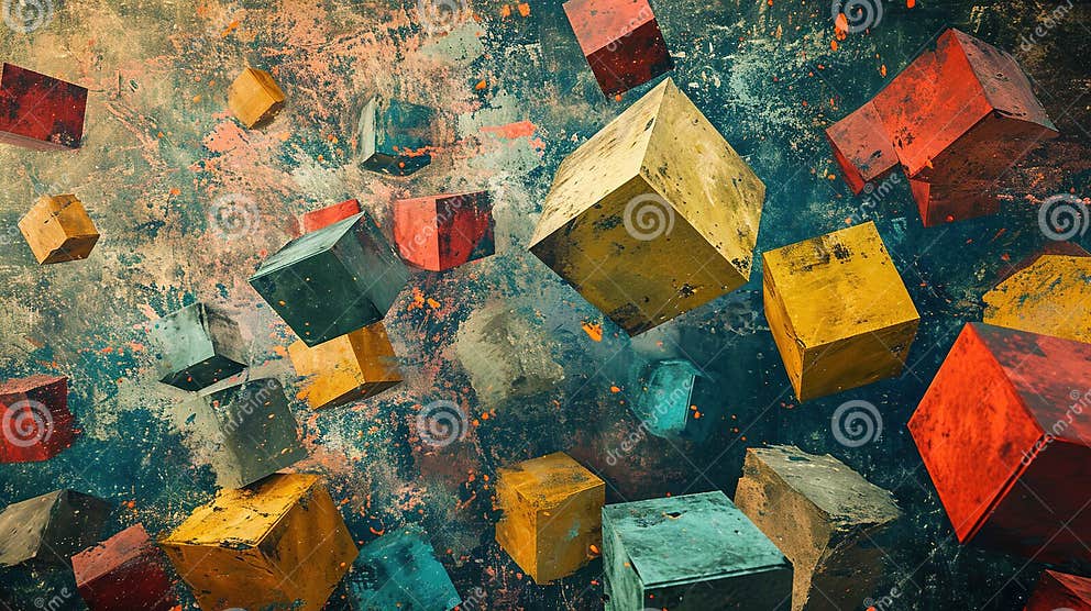 Colorful Abstract Composition of Floating Cubes and Splashes of Paint ...