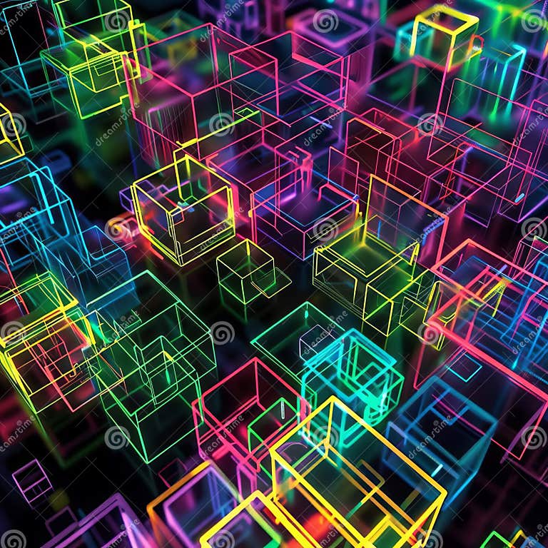 Colorful Abstract Glowing Cubes Forming Complex Structure on Dark ...