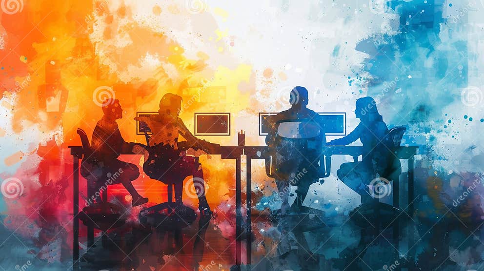 Colorful Abstract Illustration of a Diverse Team Working at Desks in a ...