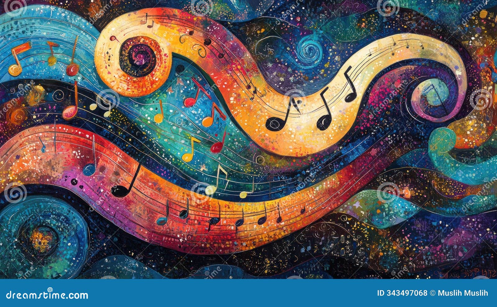 Colorful Abstract Illustration with Musical Notes and a Starry Night ...