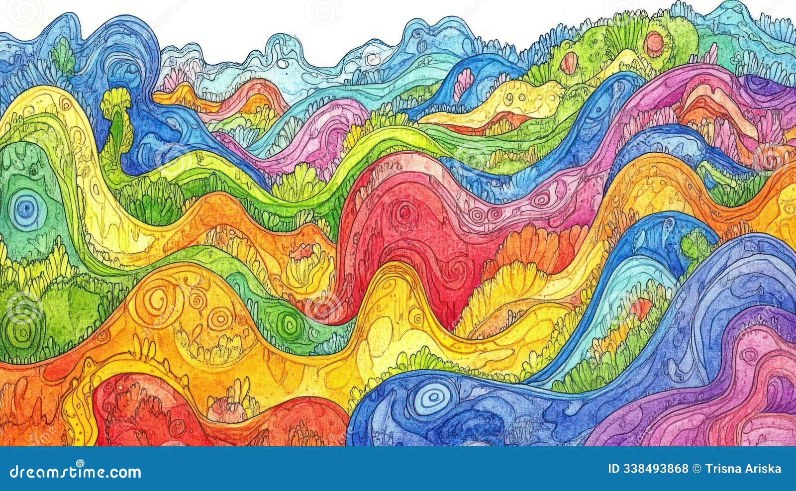 A Colorful Abstract Landscape with Flowing Waves and Intricate Patterns ...